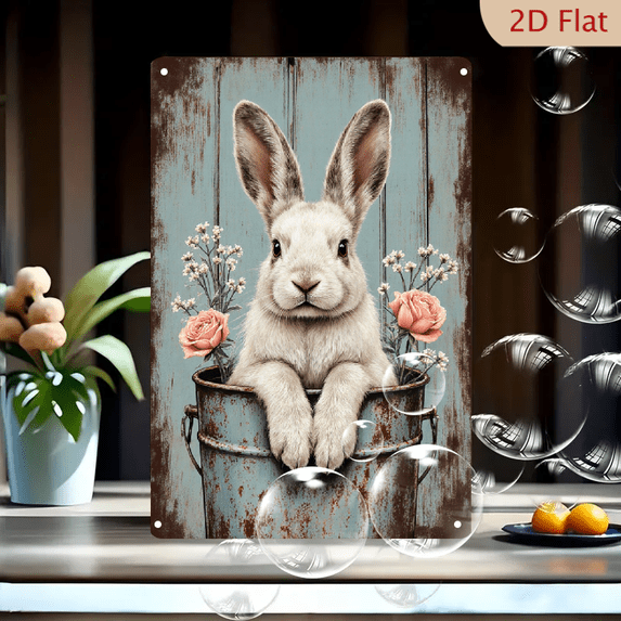 8x12 Inches Rustic Vintage Metal Wall Art, Fluffy White Rabbit in ...