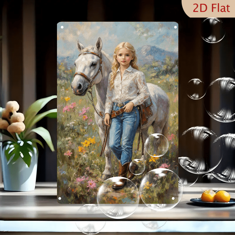 8x12 Inches Rustic Wildflower Meadow Girl with White Horse ...