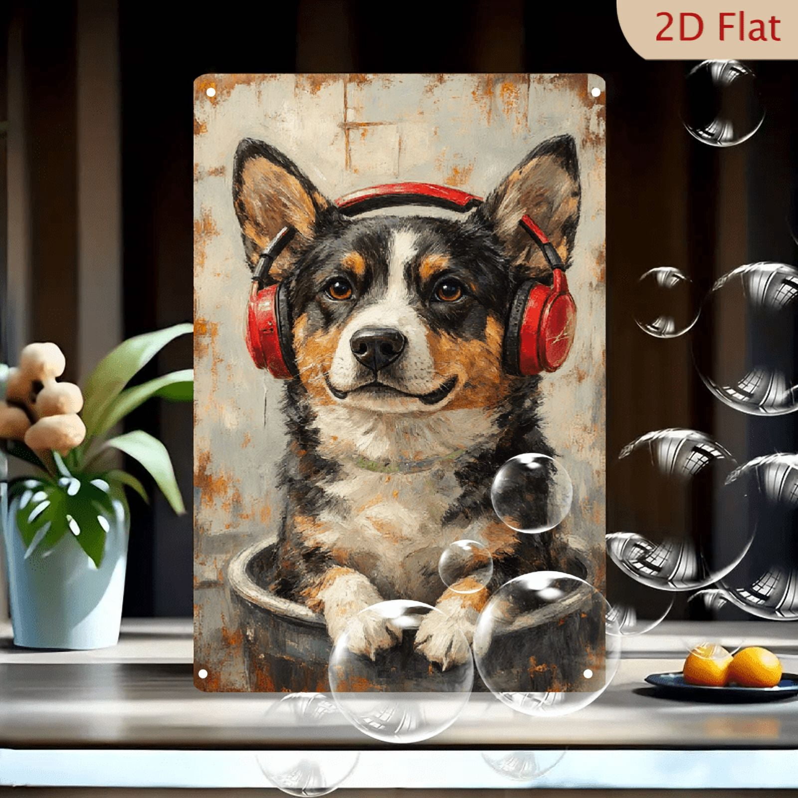 8x12 Inches Tricolor Pembroke Welsh Corgi with Red Headphones Resting ...