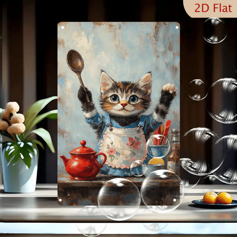 8x12 Inches Vintage Calico Kitten Chef Wall Art, Painterly Rustic ...