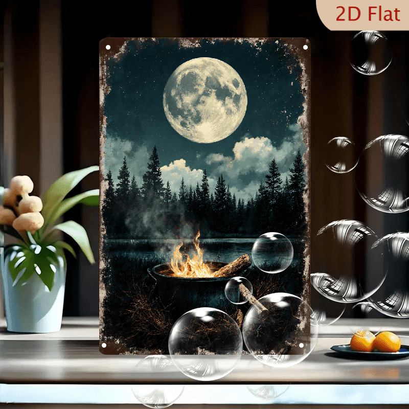 8x12 Inches Vintage Night Forest Fire Pit Tin Sign, Glowing Full Moon ...