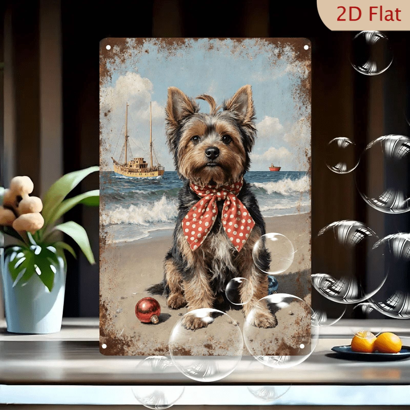 8x12 Inches Yorkshire Terrier on Beach with Ships Rustic Metal Wall Art ...