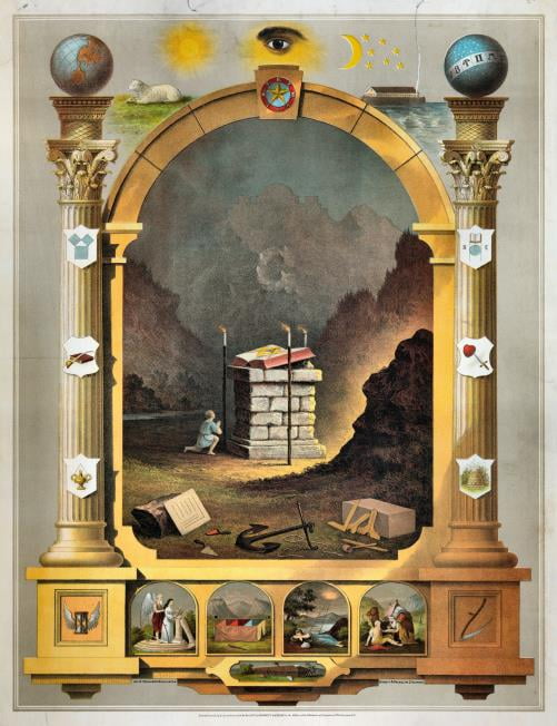 8x12 Photo: Masonic chart,c1872,eye,moon,sun,book,candles,columns ...