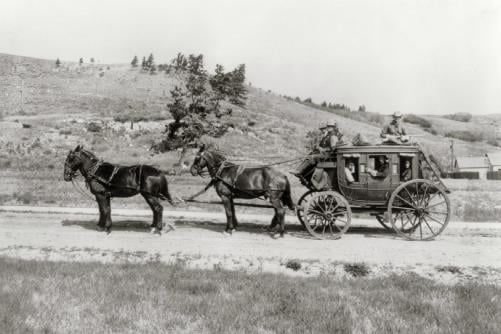 8x12 Photo: Old stage coach with passengers and armed guns,c1913,horse ...