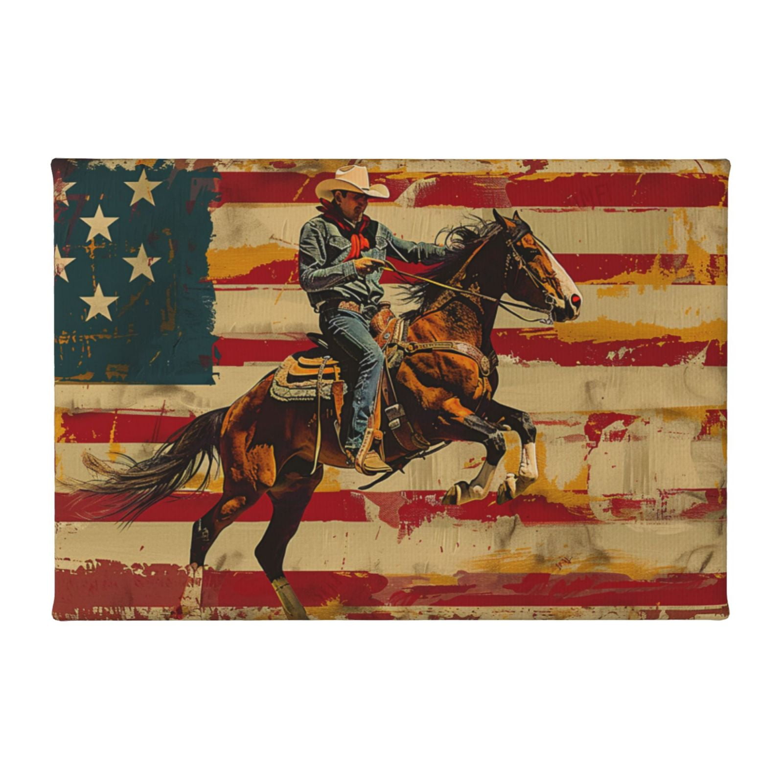 8x12 inch Oil Painting Canvas Riding Cowboy & Star Spangled Flag Rustic ...