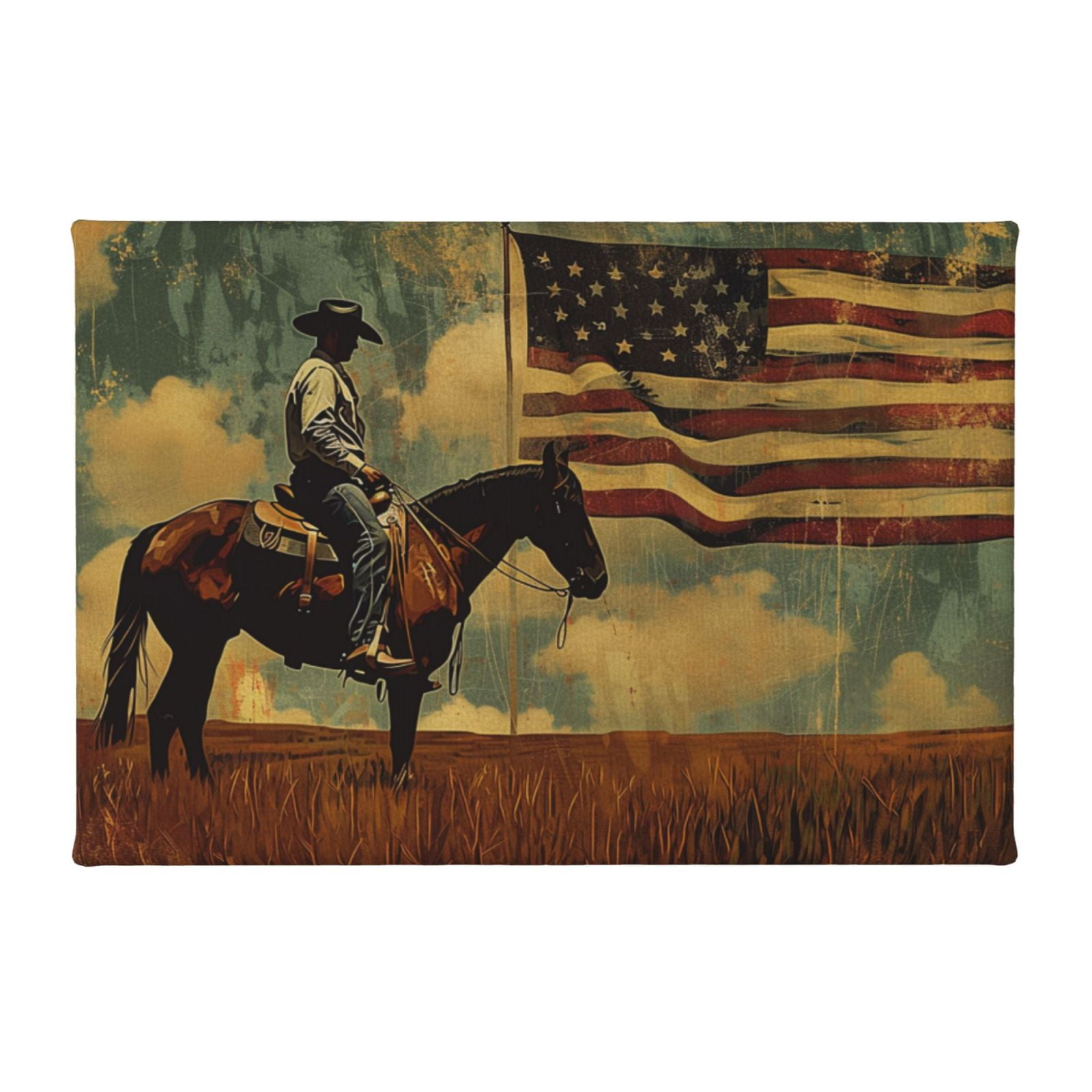 8x12 inch Oil Paintings On Canvas Riding Cowboy & Star Spangled Flag ...