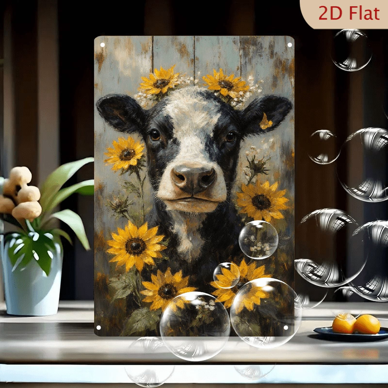 8x12 inch Rustic Black and White Cow Wall Art with Sunflowers ...