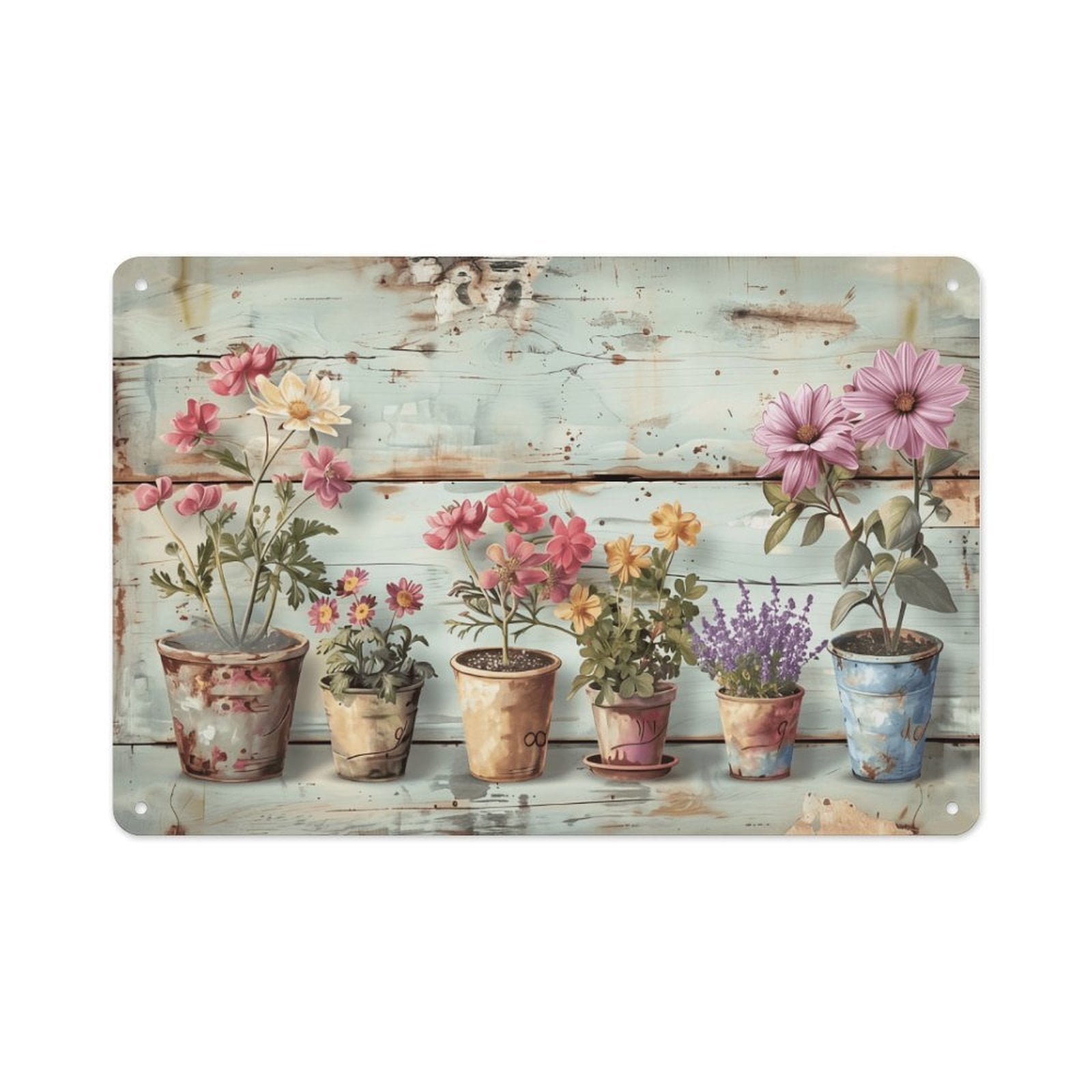 8x12in Six Vintage Potted Mixed Flowers Distressed Light Blue Wood ...