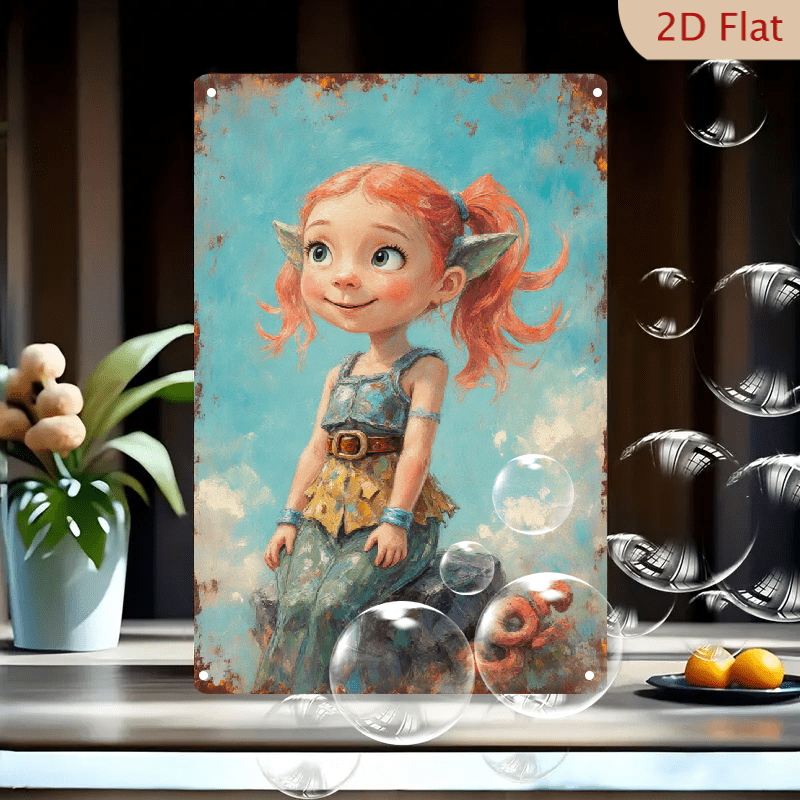 8x12inches Fantasy Girl with Red Hair and Pointed Ears on Rock, Rustic ...