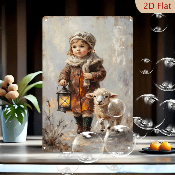 8x12inches Metal Wall Art, Painterly Illustration of Child and Lamb in ...
