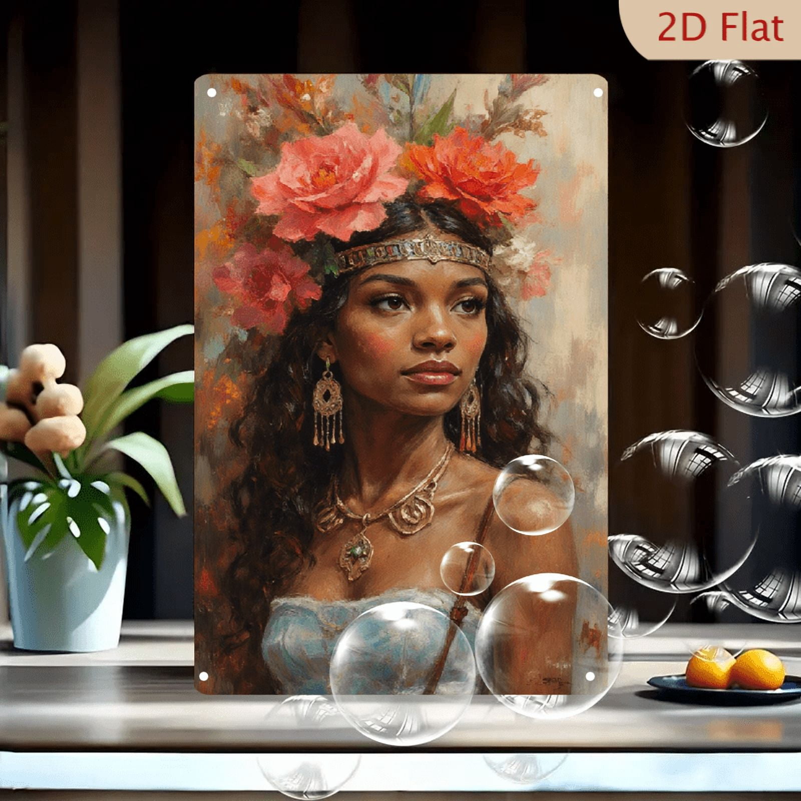 8x12inches Metal Wall Art, Painterly Portrait of Woman with Floral ...