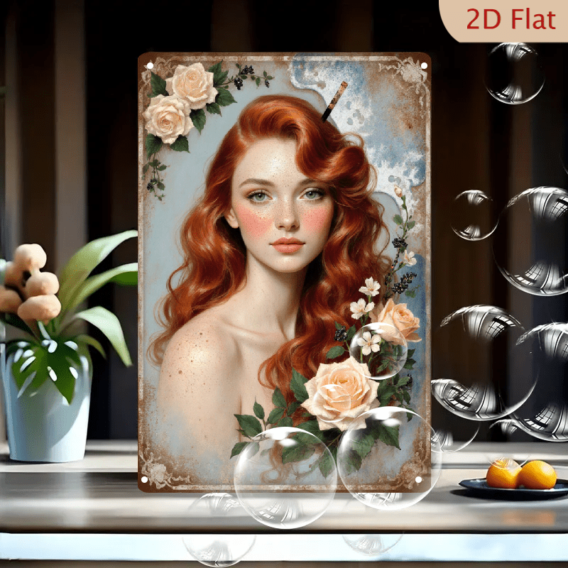 8x12inches Vintage Copper Red Hair Woman Portrait Painting on Metal ...