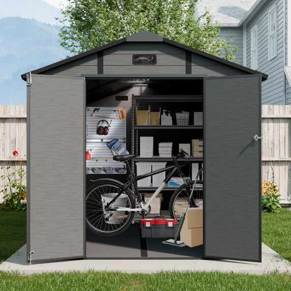 8x14 FT Outdoor Resin Storage Shed with Lockable Doors, Reinforced ...
