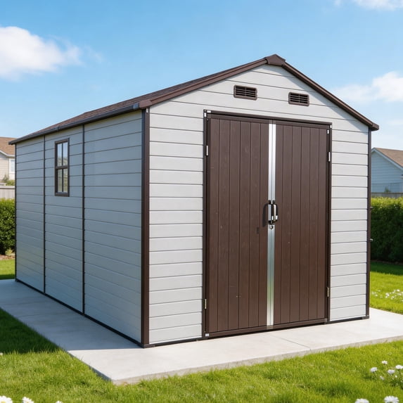 8x14 FT Resin Storage Shed with Floor, Lockable Outdoor Storage Shed ...