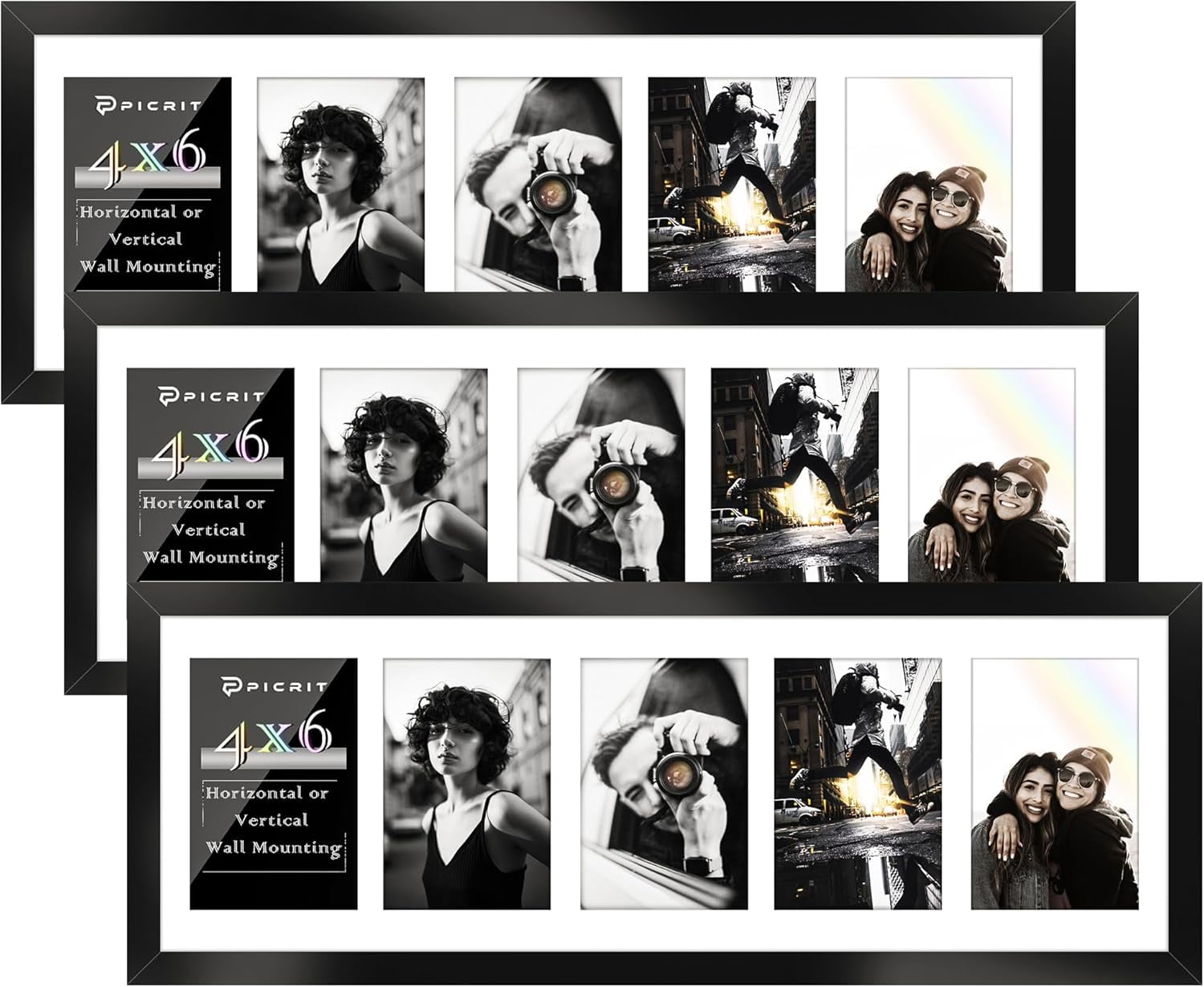 8x24 Black Collage Picture Frame 3 Pack, Fits Five 4x6 Photos or One ...