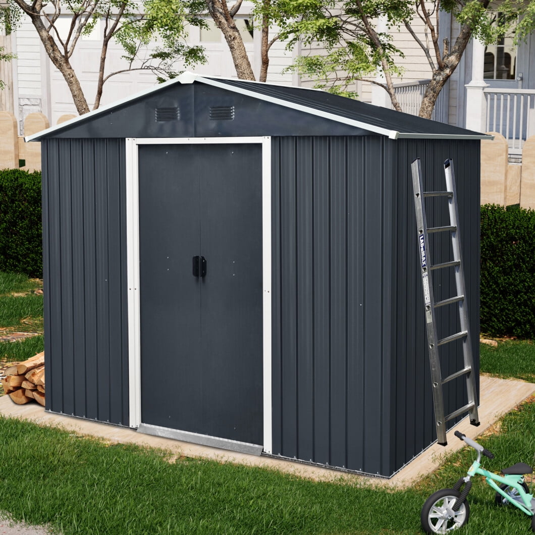 8x4 FT Outdoor Metal Storage Shed with Built-In Foundation, Waterproof ...