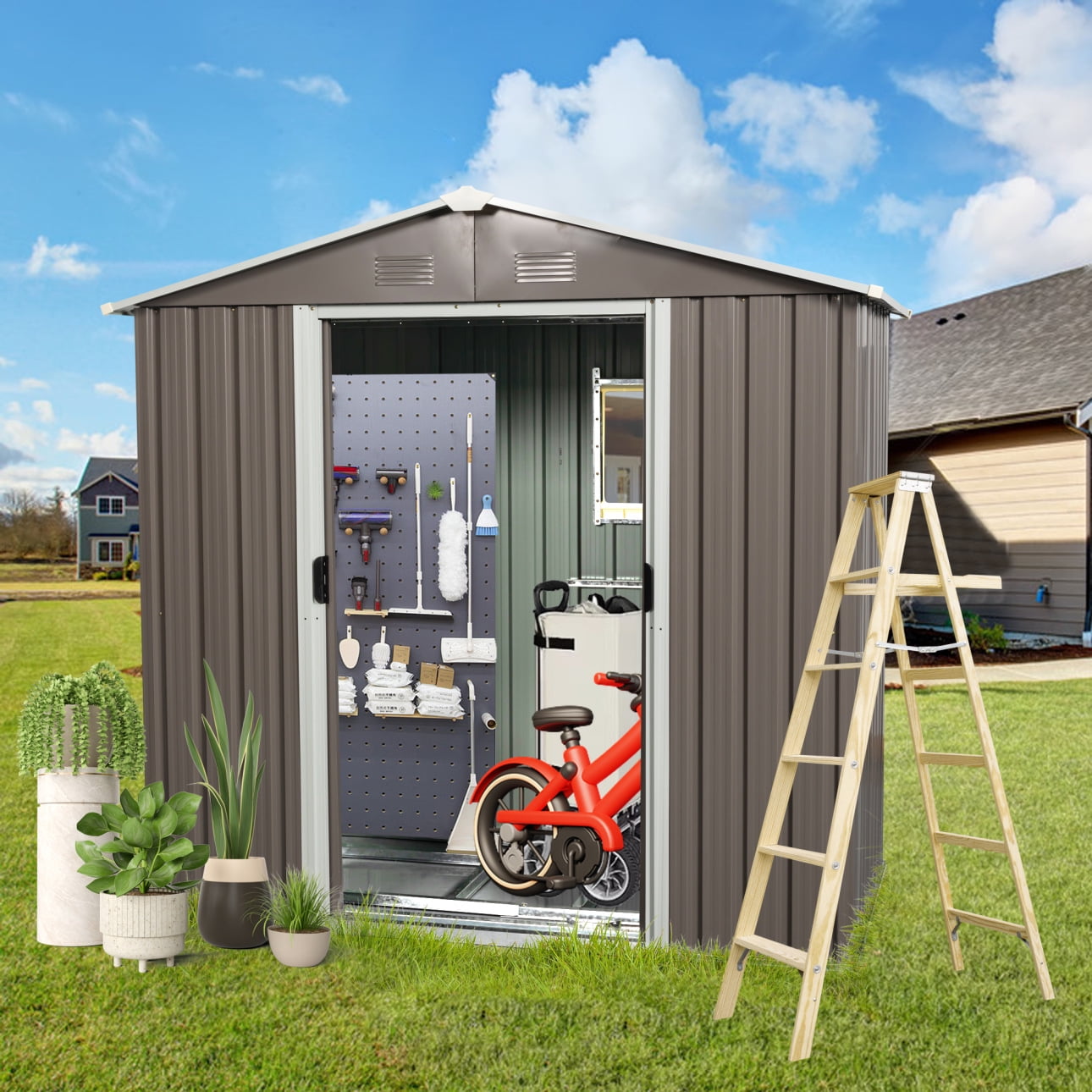 8x4 FT Outdoor Storage Shed with Window, Metal Garden Storage Shed with ...