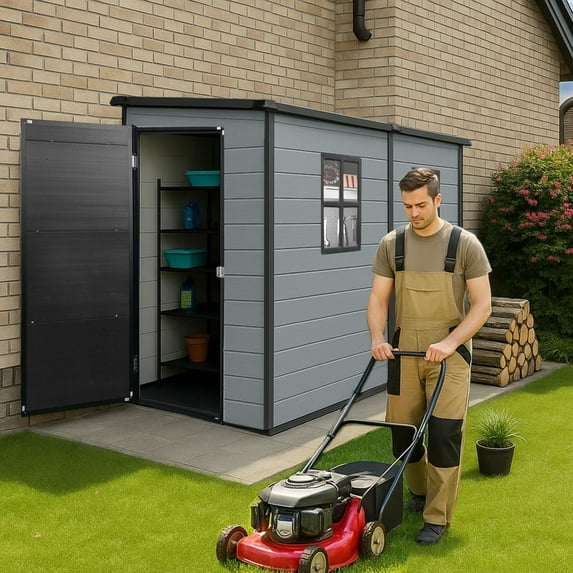 8x4 FT Resin Outdoor Storage Shed with Floor, Garden Lean to Shed with ...