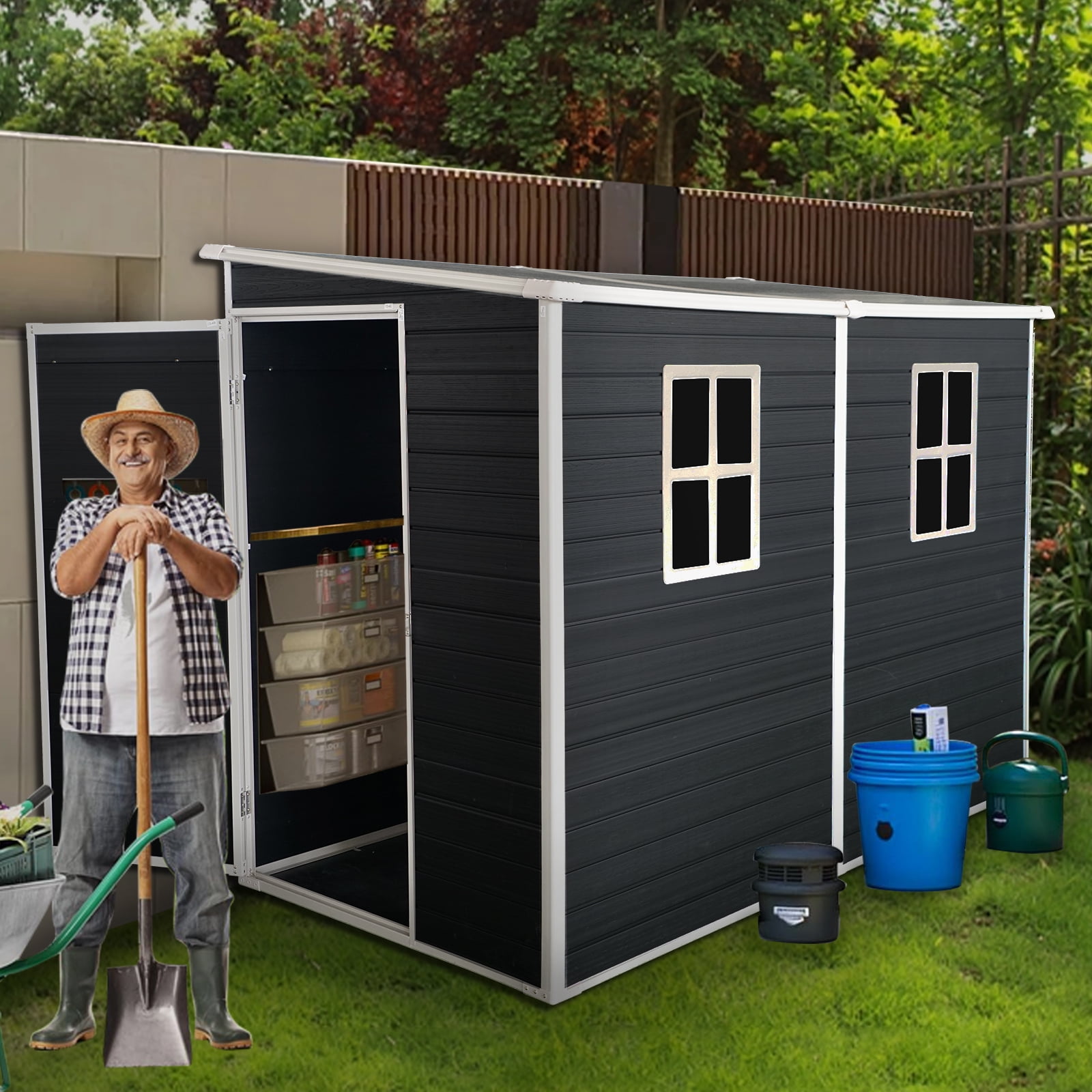 8x4 ft Outdoor Resin Garden Shed with Door, Floor and 2 Windows ...