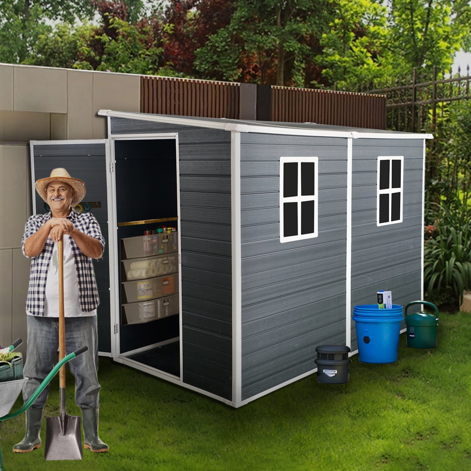 8x4ft Outdoor Resin Garden Shed with Floor and 2 Windows Plastic Patio ...