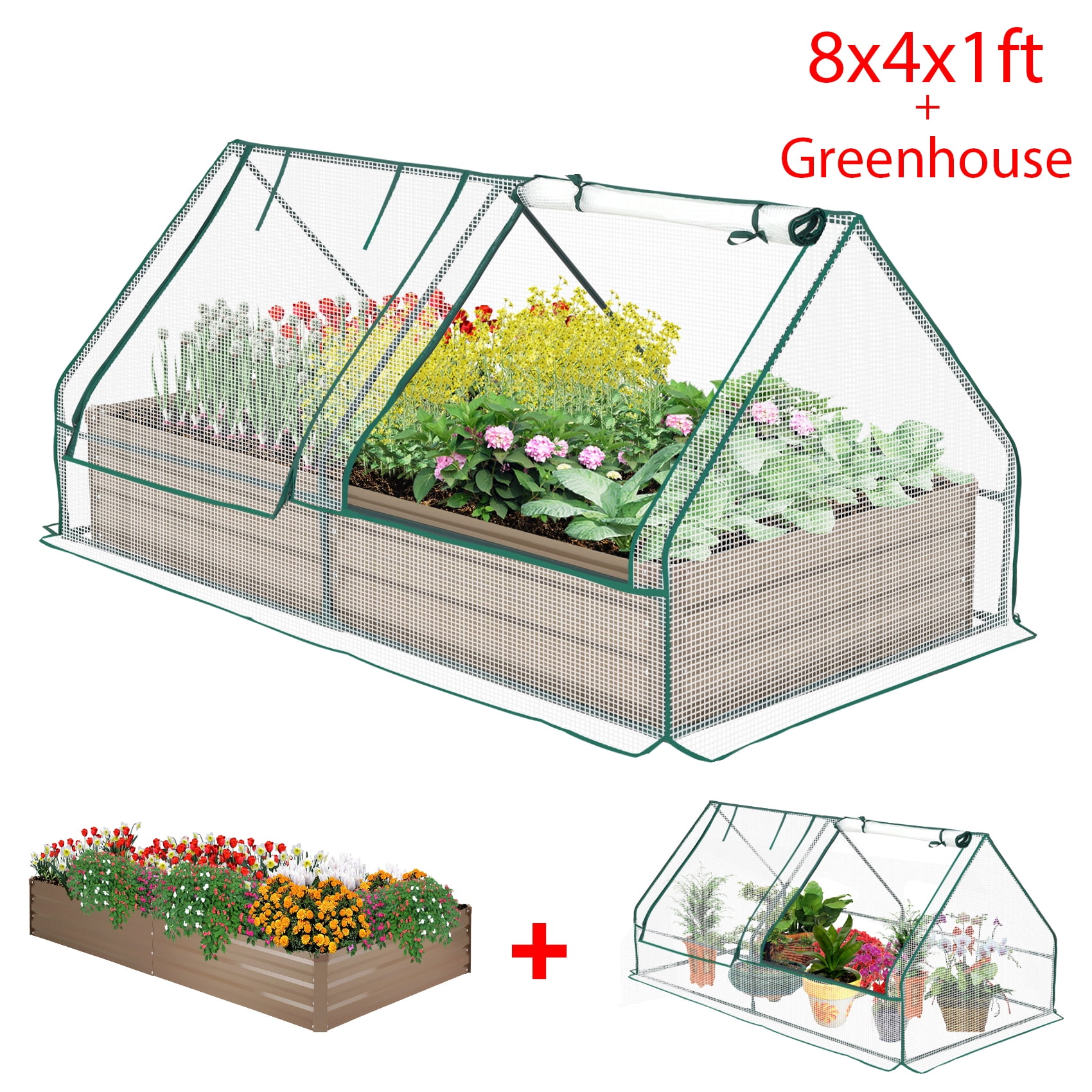 IUSU 8x4x1ft Elevated Galvanized Raised Garden Bed w/ PVC Cover & 2 ...