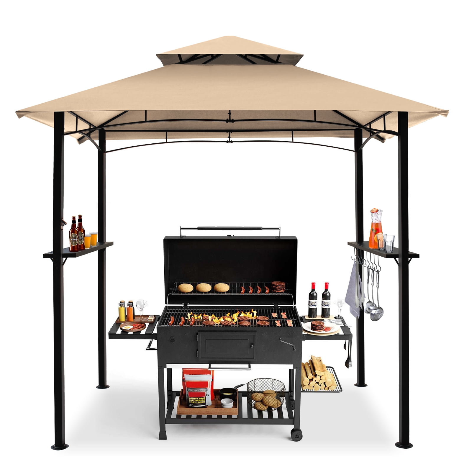 8x5 Grill Gazebo, Outdoor BBQ Grill Patio Canopy with 2 Handy Shelves ...