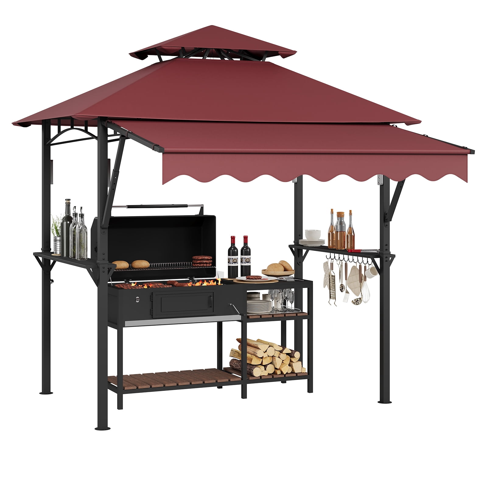 8x5FT BBQ Gazebo with Grill Station, Double-Tiered Canopy Outdoor ...