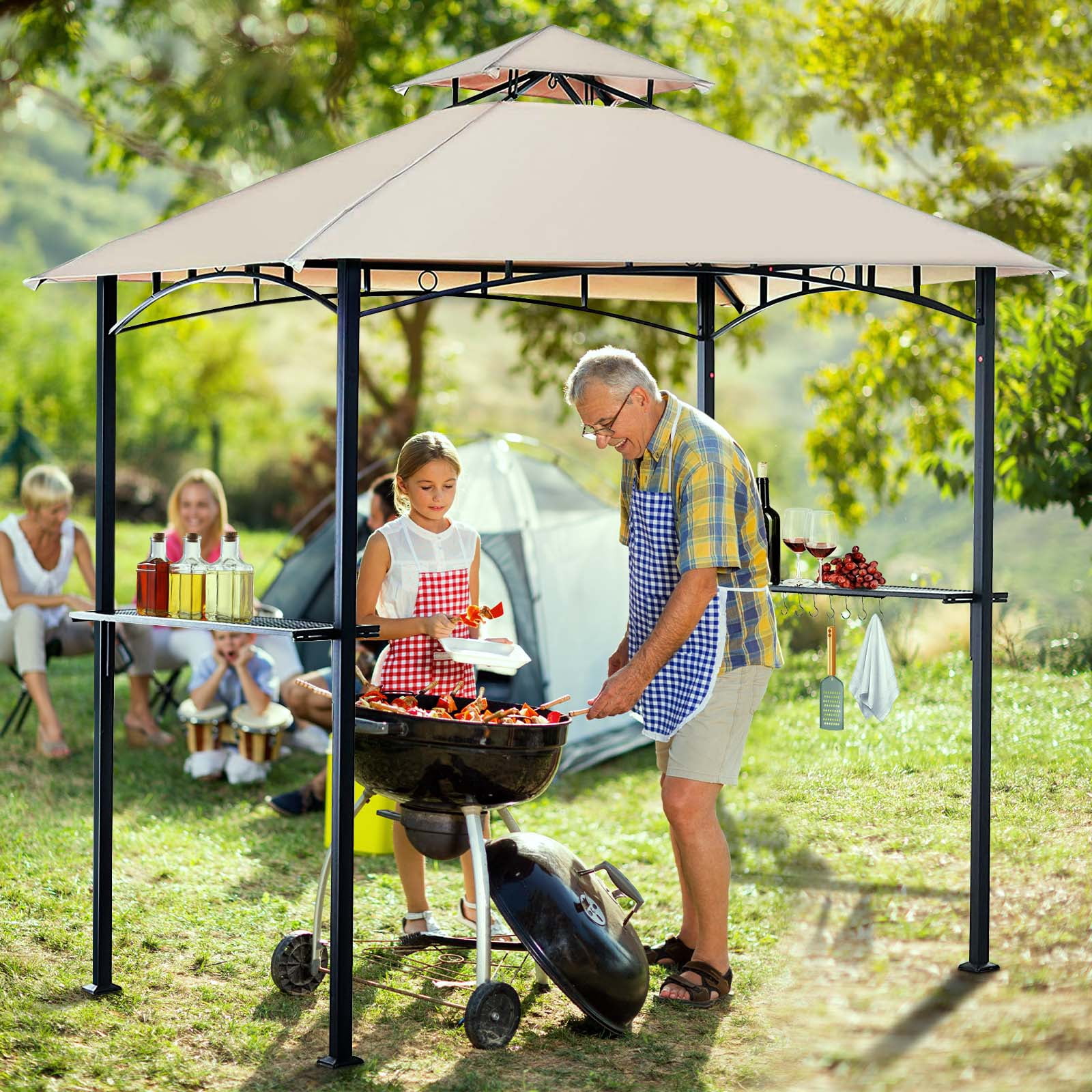 8x5FT Outdoor Grill Gazebo 2-Tier Vented BBQ Canopy Steel Frame, Dark ...