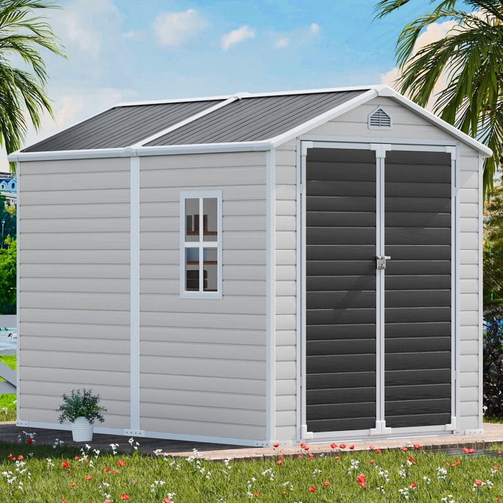 8x6 FT Large Waterproof Plastic Sheds, Outdoor Resin Storage Shed with ...