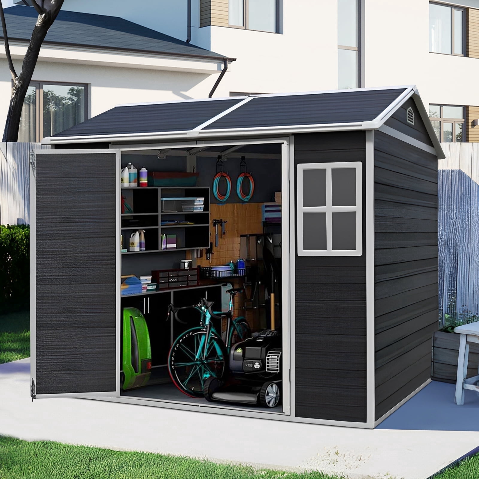 8x6 ft Heavy-Duty Waterproof Resin Storage Shed with Floor, 2 Windows ...