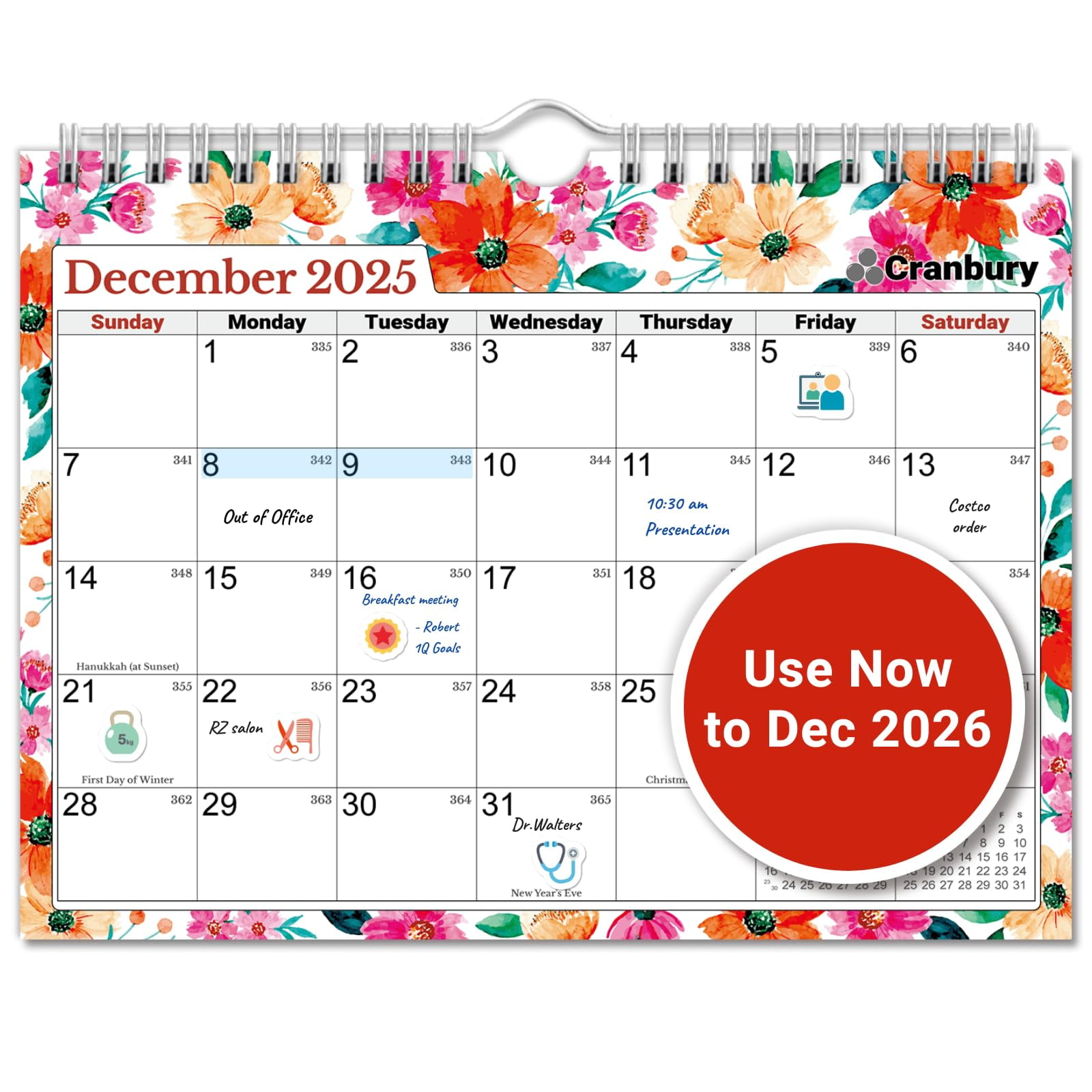 8x6 Inch Floral Wall Calendar 2025-2026, Monthly Planner from Now to ...