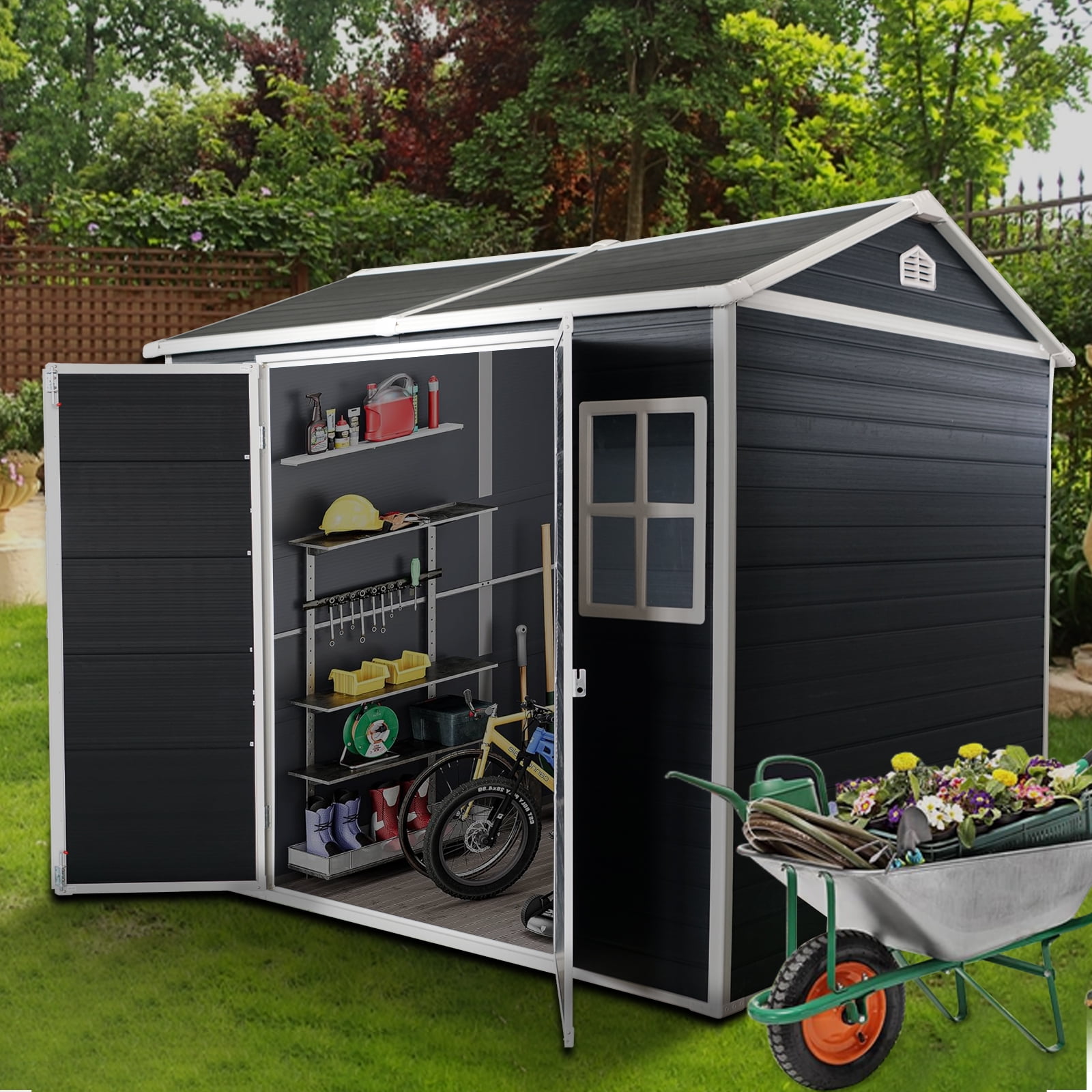 8x6 ft Outdoor Resin Garden Shed with Double Doors, Floor and 2 Windows ...