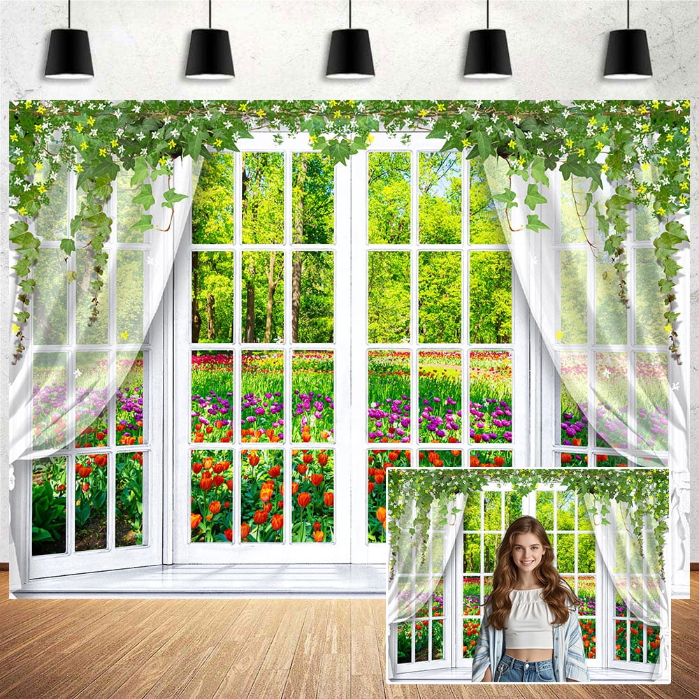 8x6 ft Spring Window Scenery Backdrop White Window Red Floral Green ...