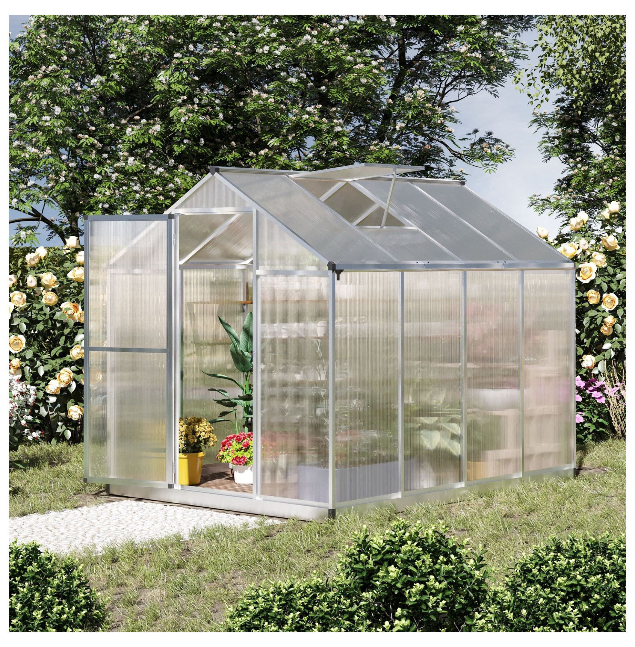 8x6 ft Walk-In Greenhouse Polycarbonate Garden House w/Vent & Gutter ...