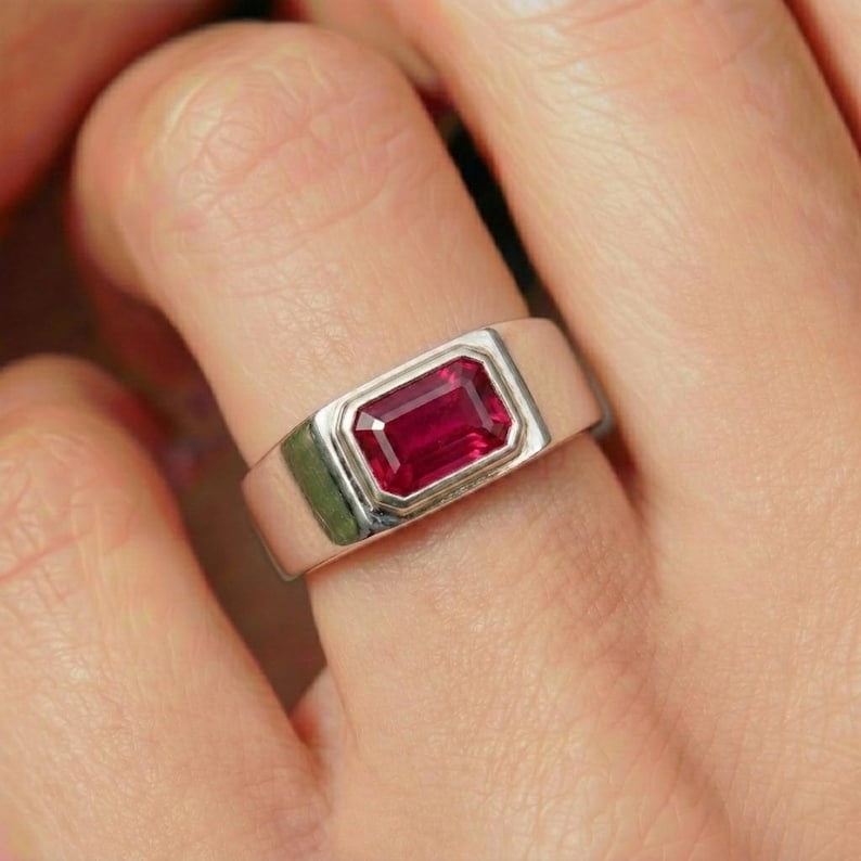 8x6 mm Bold Ruby Signet Ring | Sterling Silver Emerald Cut Red Gemstone ...