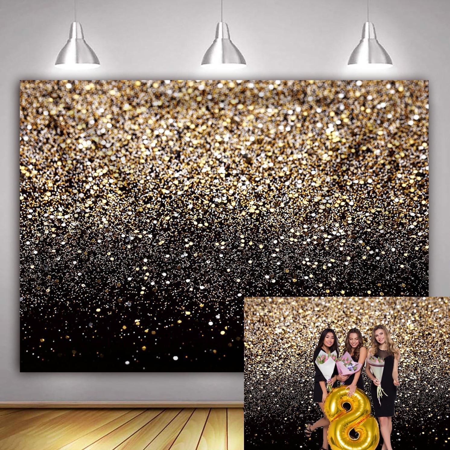 8x6FT Black and Gold Graduation Backdrop Golden Bokeh Spot Starry Sky ...