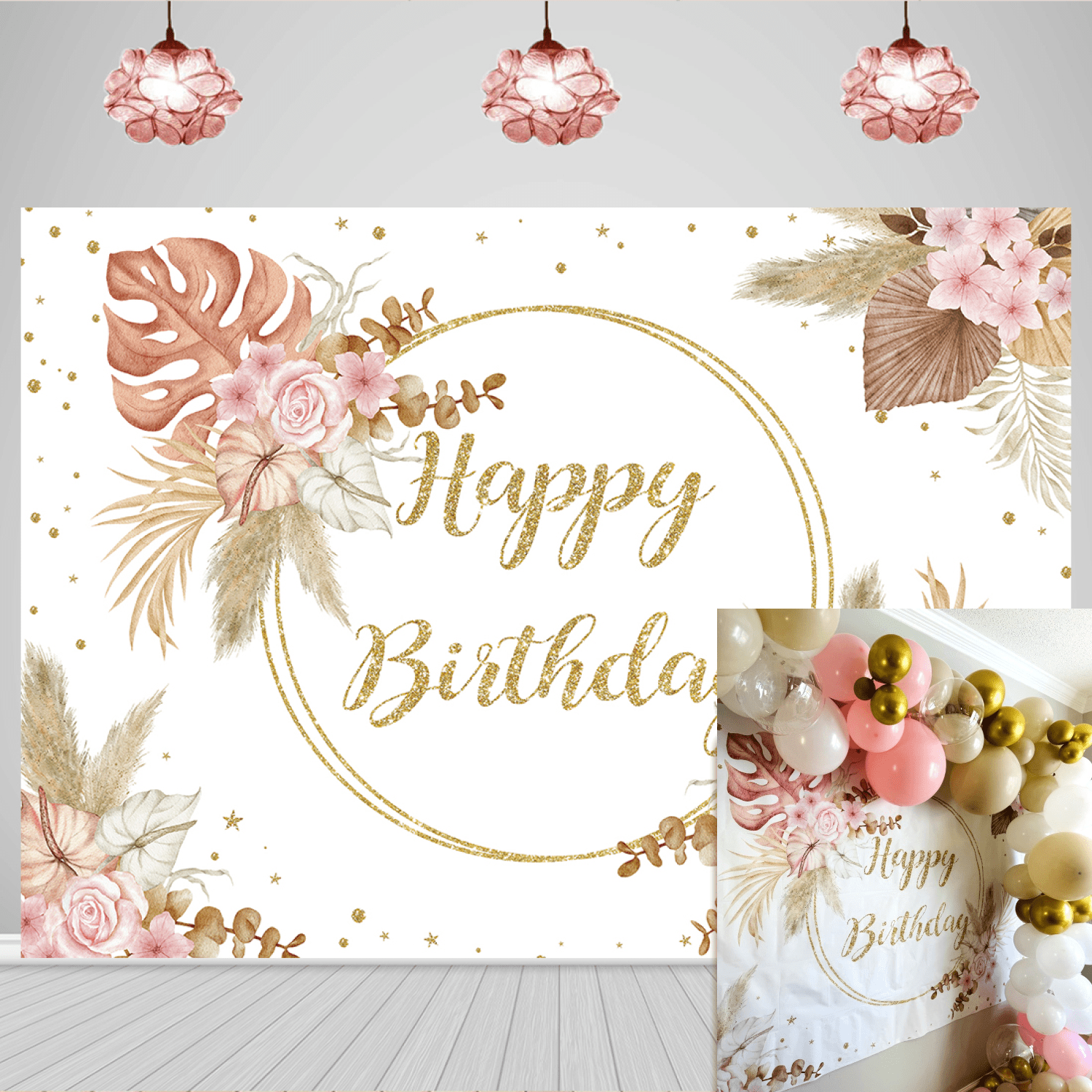 8x6FT Birthday Backdrop Bohemian Pink Pampas Grass Floral Golden Dots ...