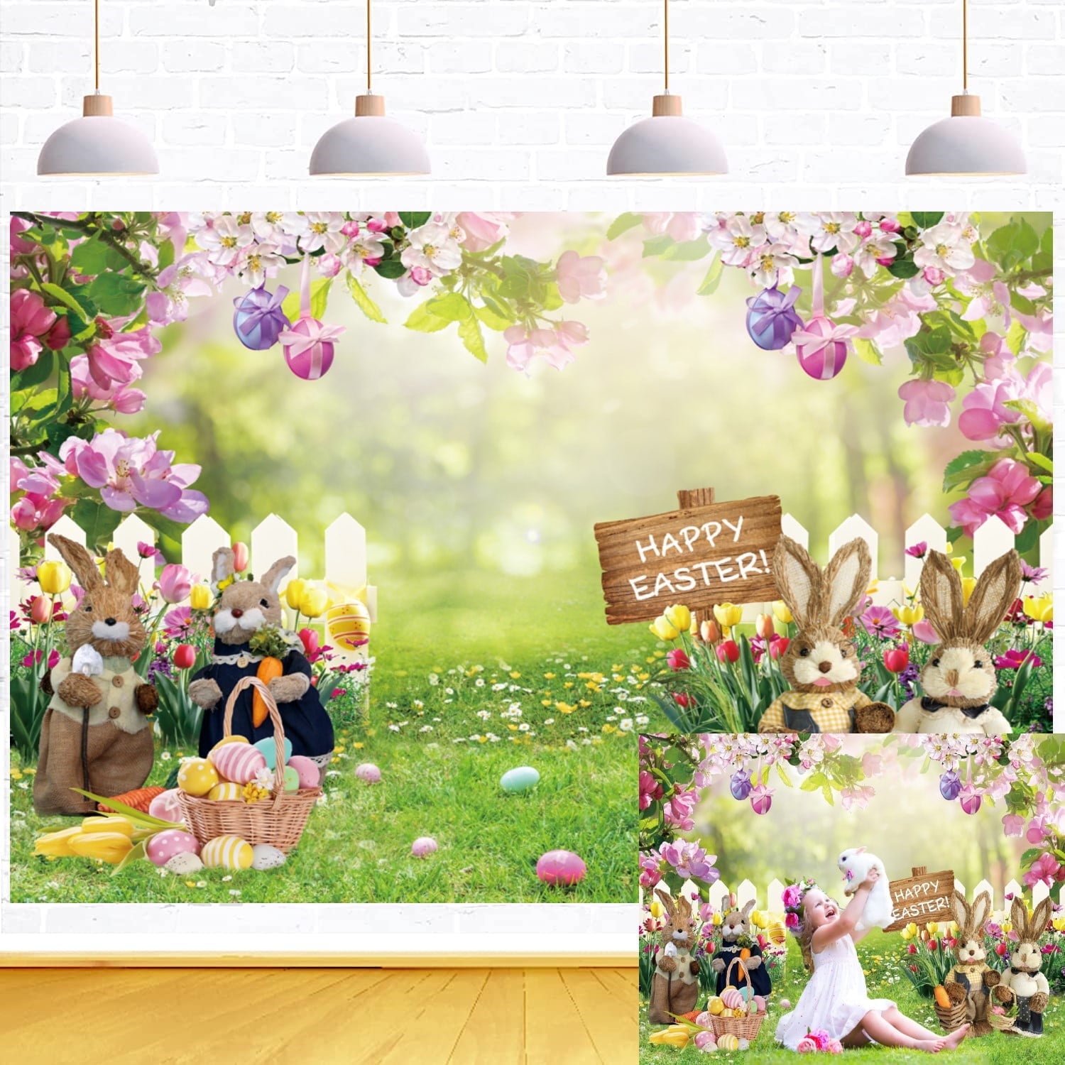 8x6FT Easter Backdrop Spring Garden Backdrop Easter Rabbit Eggs Pink ...