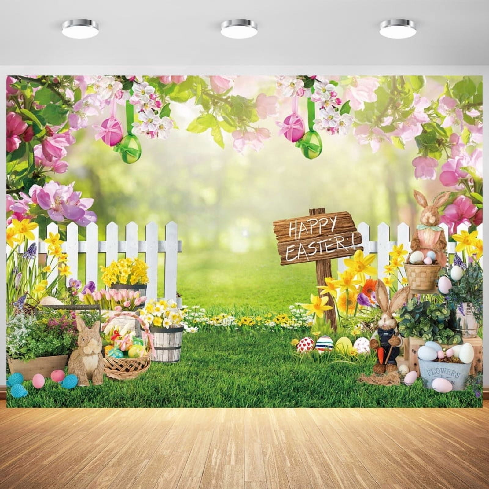 8x6FT Easter Backdrops for Photoshoot Easter Rabbit Colorful Eggs Fence ...