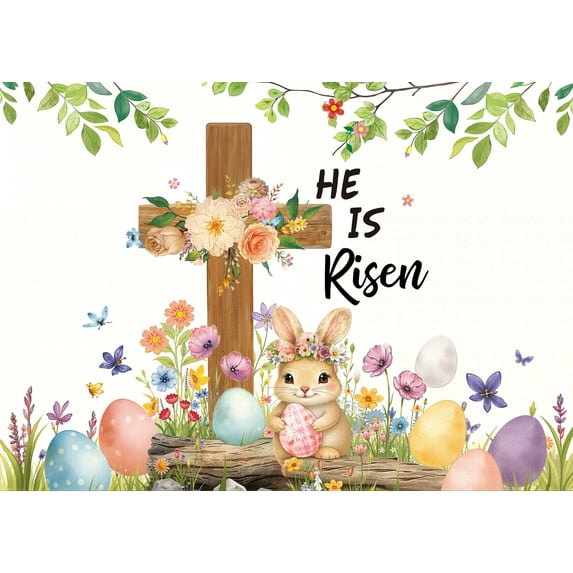 8x6FT Easter Photo Backdrop He is Risen Backdrop Cute Bunny Eggs Flower ...