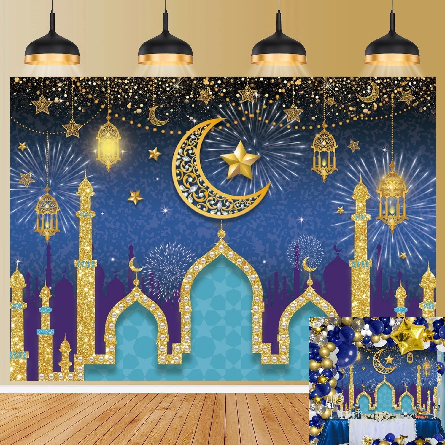 8x6FT Eid Mubarak Backdrop Muslim Arabian Night Backdrop Lantern Moon ...
