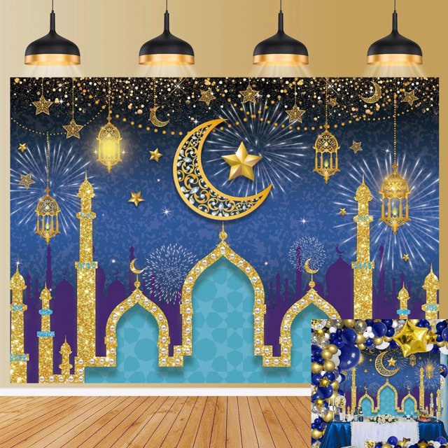 8x6FT Eid Mubarak Backdrop Muslim Arabian Night Backdrop Lantern Moon ...