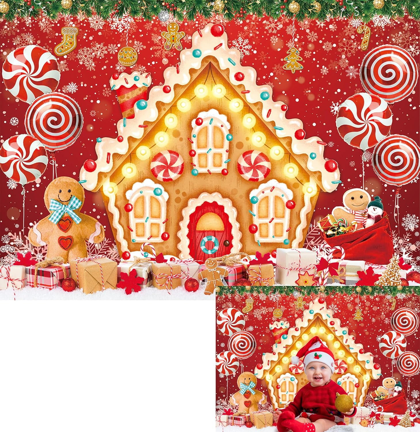 8x6FT Gingerbread House Candy Backgdrop Snowflake Red Background Winter ...