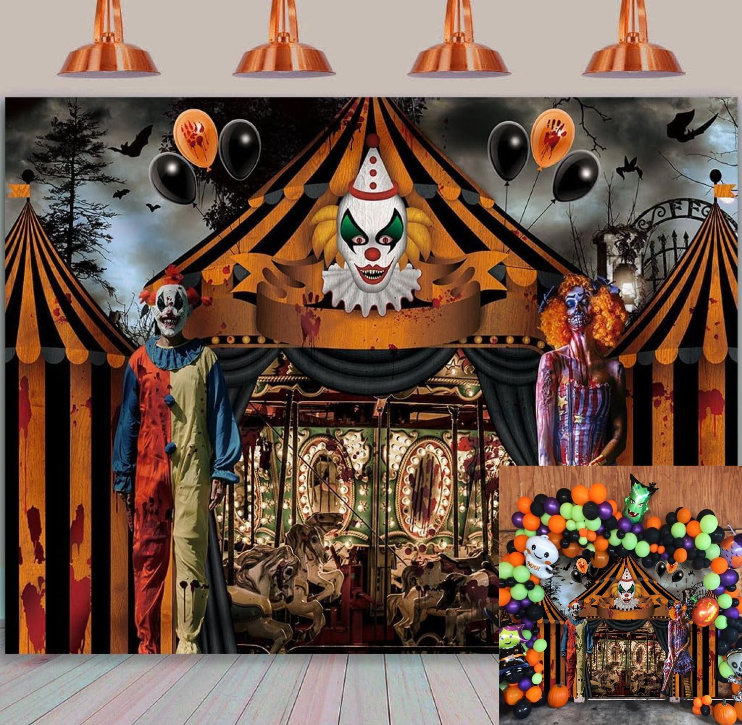 8x6FT Halloween Backdrop Horror Circus Tent Carousel Backdrop Vinyl ...