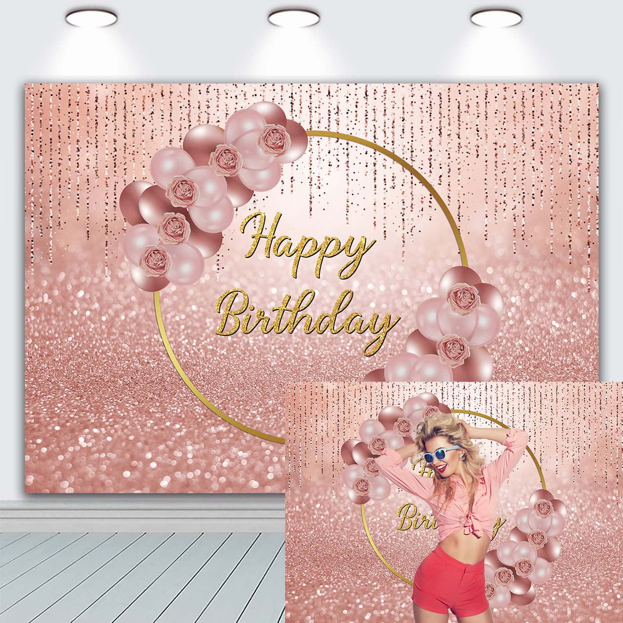 8x6FT Happy Birthday Backdrop Pink Birthday Decorations Pink Rose Gold ...