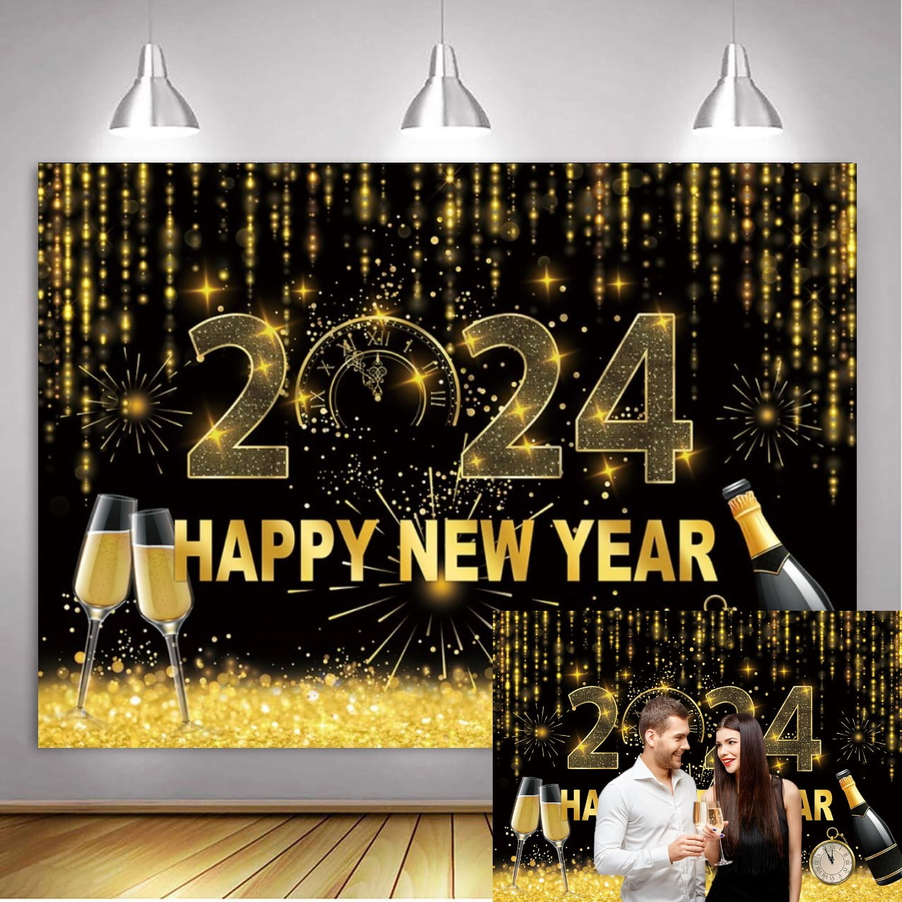 8x6FT New Year Backdrop 2024 Black Gold Theme Background for ...