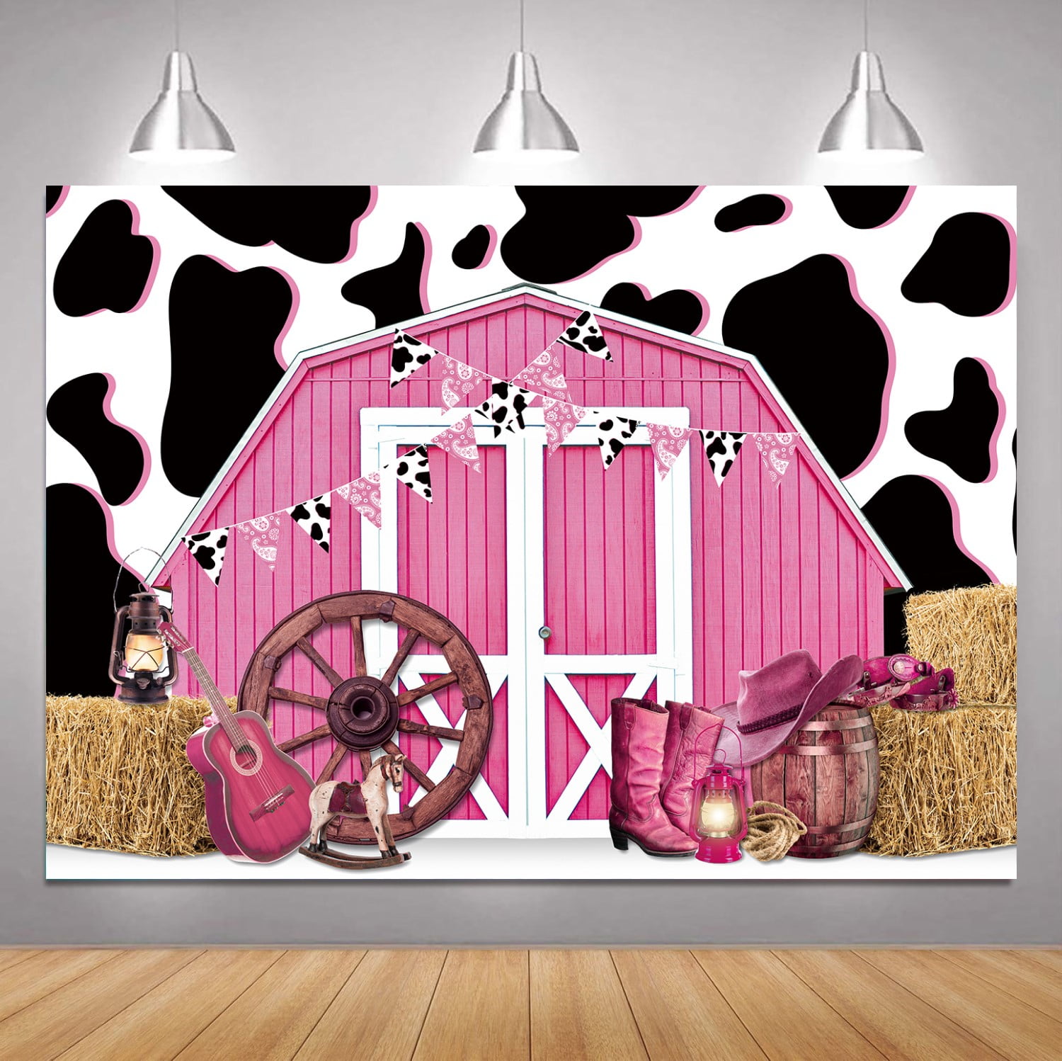 8x6FT Pink Barn Door Western Cowgirl Backdrop Cow Print Straw Barn Door ...
