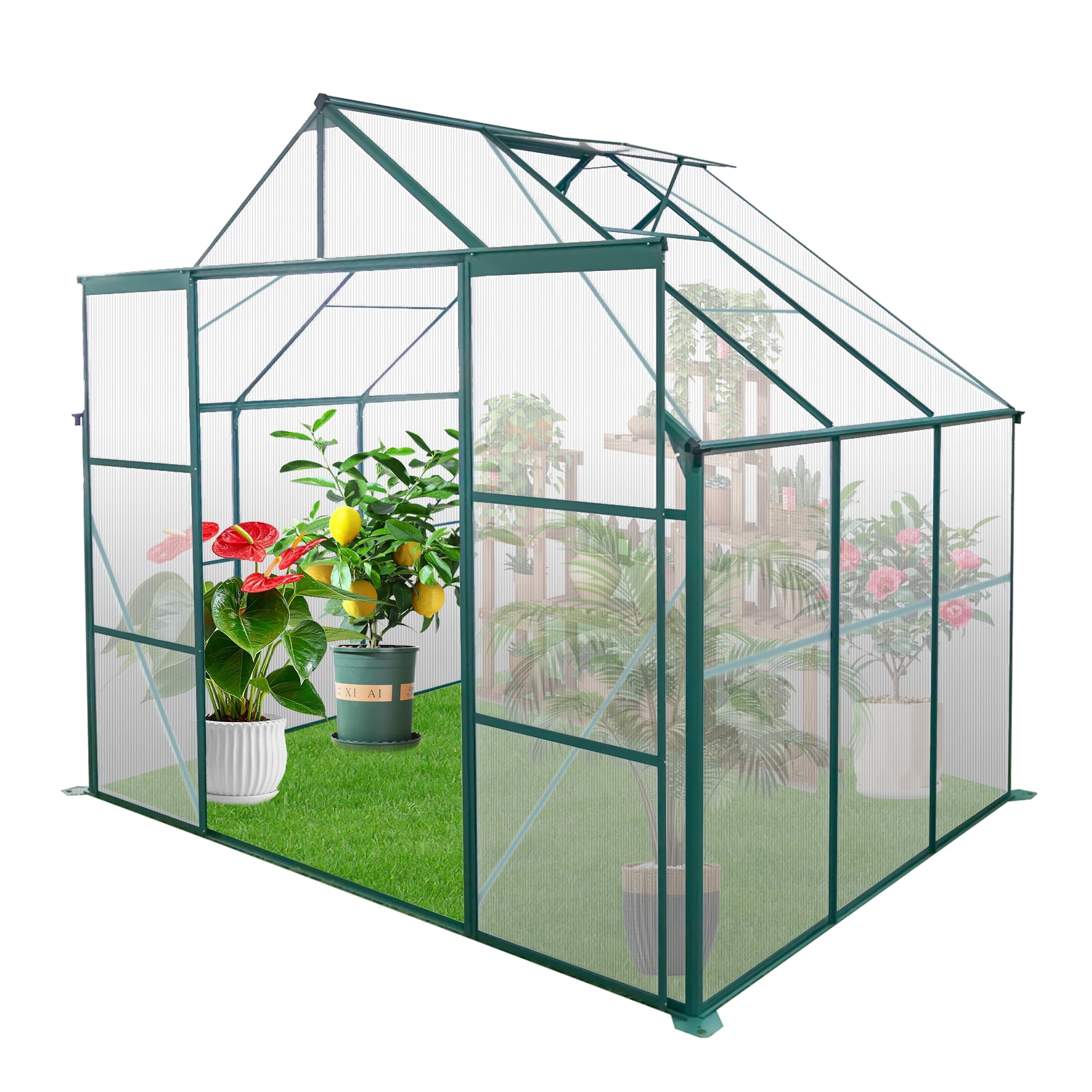 8x6FT Polycarbonate Walk-in Greenhouse with Aluminum Frame, Green ...