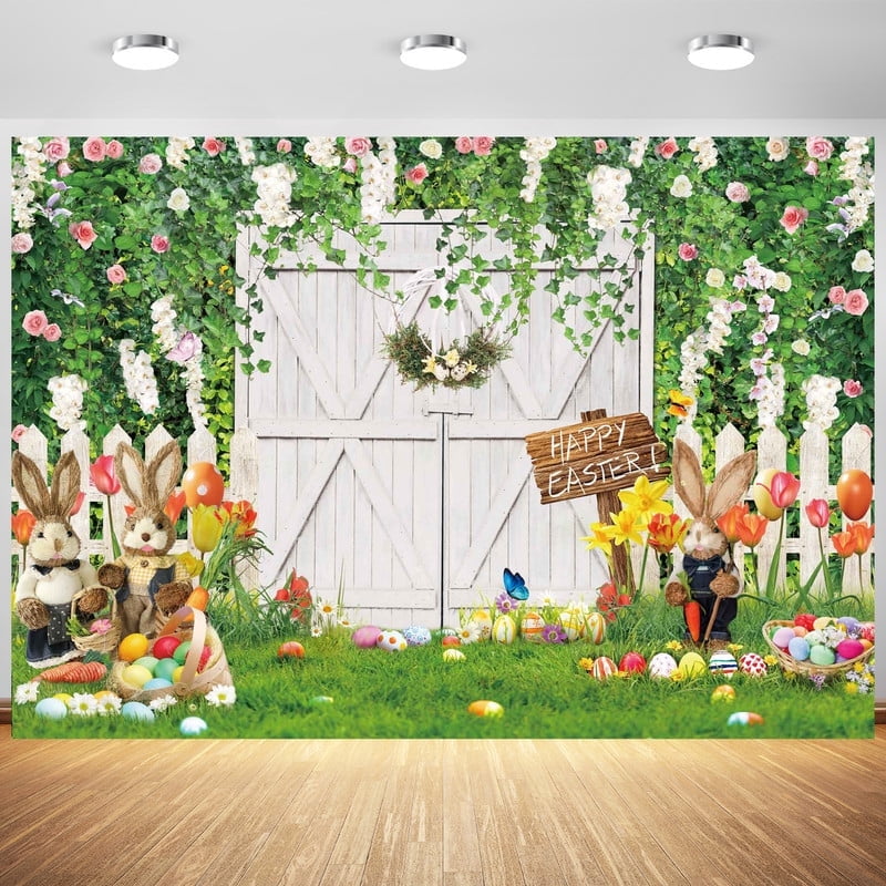 8x6FT Polyester Spring Easter Backdrop Rustic White Wooden Door ...