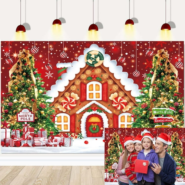 8x6FT Red Christmas Backdrop Christmas Gingerbread House Backdrop Vinyl Christmas Backdrops ...